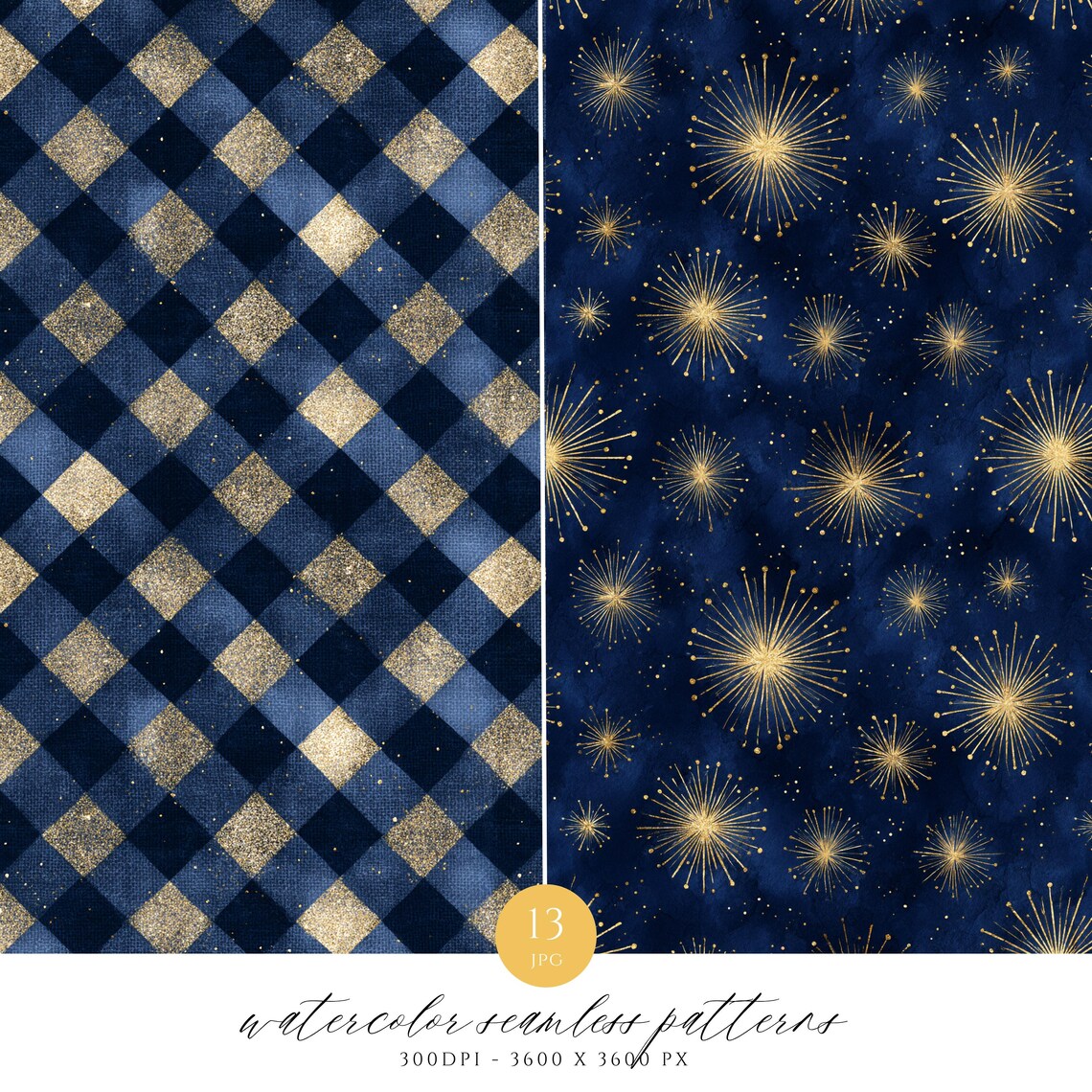 Navy Christmas Seamless Patterns, Watercolor Starry Night Christmas ...