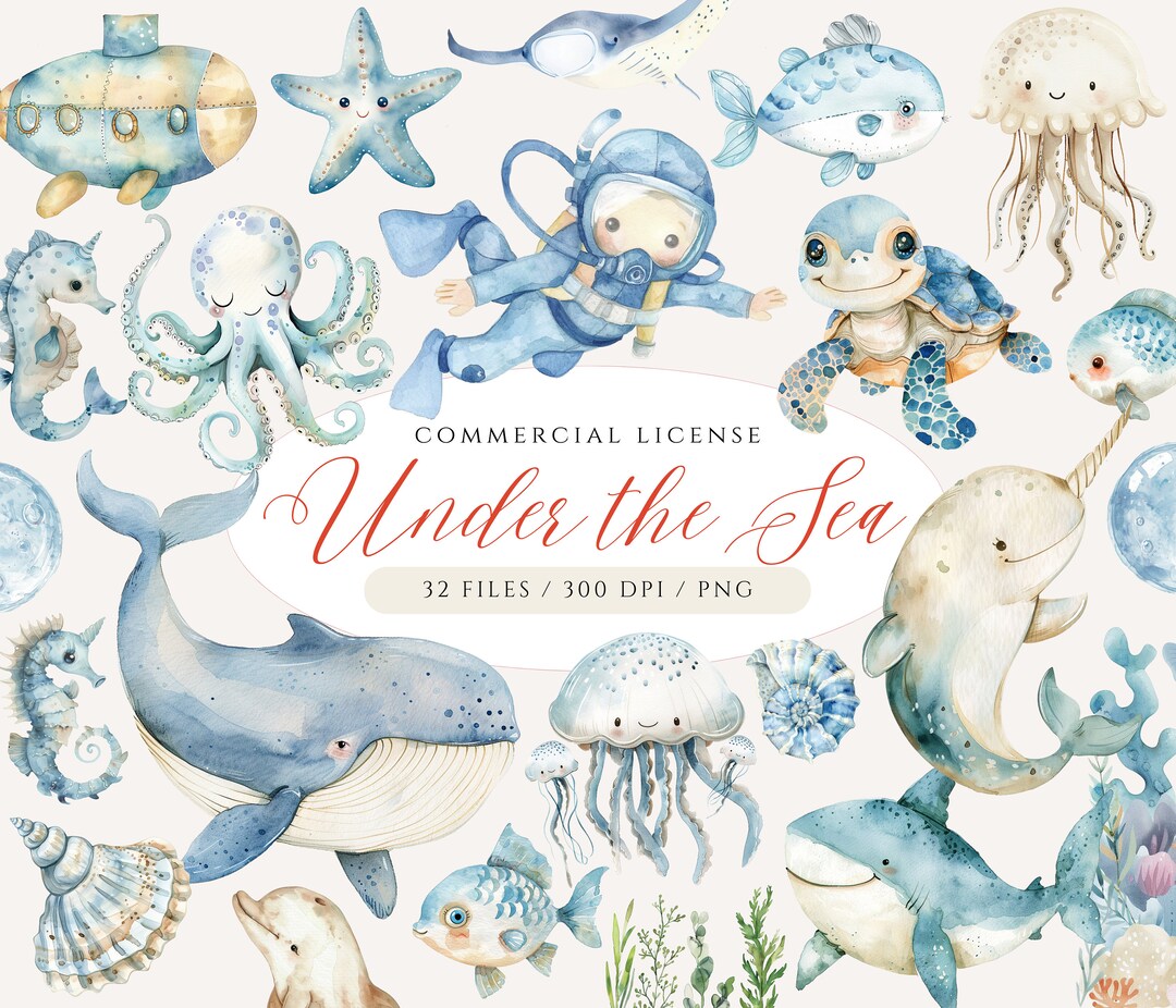 Watercolor Sea Animal Clipart Bundle: Under the Sea Ocean Nursery Art ...