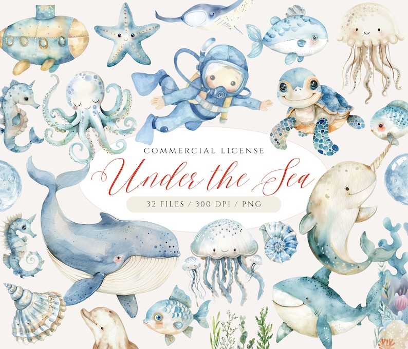 Watercolor Sea Animal Clipart Bundle: Under the Sea Ocean Nursery Art ...