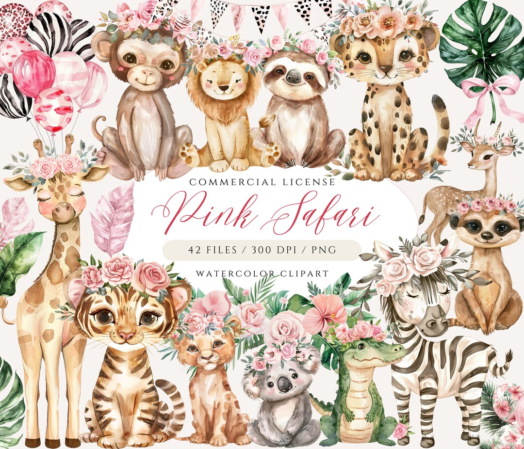 Pink Safari Clipart, Safari Animals PNG, Watercolor Safari, Cute Jungle ...