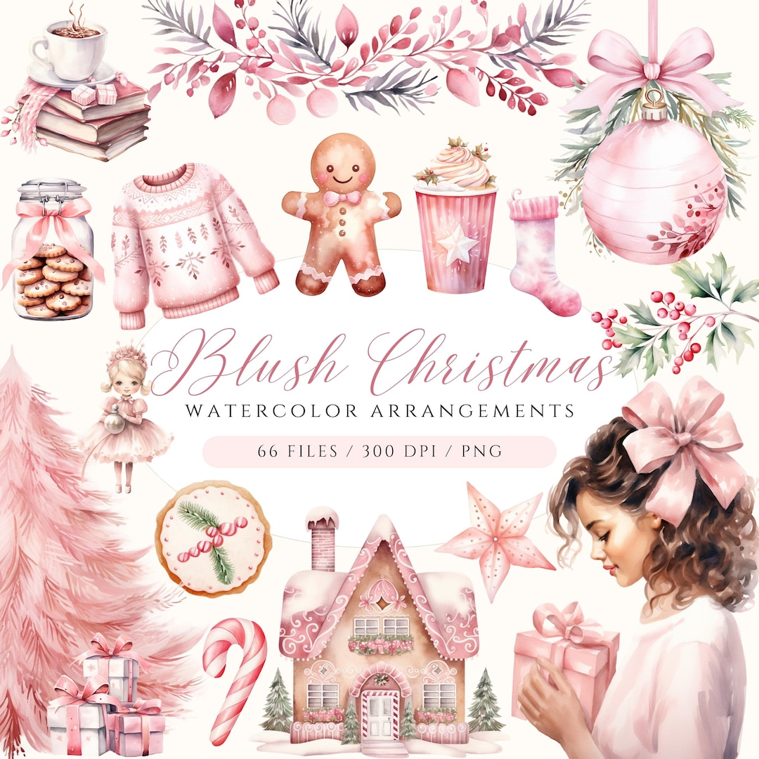 Watercolor Pink Christmas Clipart Bundle: Blush PNG Graphics (digital ...