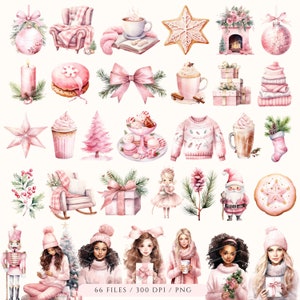 Watercolor Pink Christmas Clipart Bundle: Blush PNG Graphics (digital ...