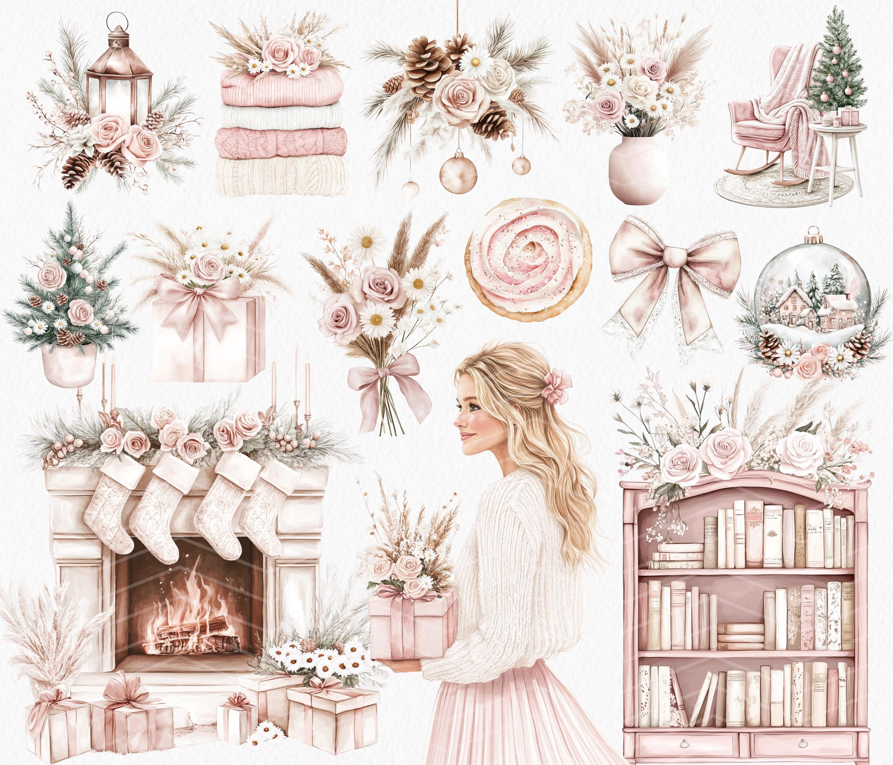 Boho Pink Christmas Clipart Bundle: Feminine Floral PNG (digital ...
