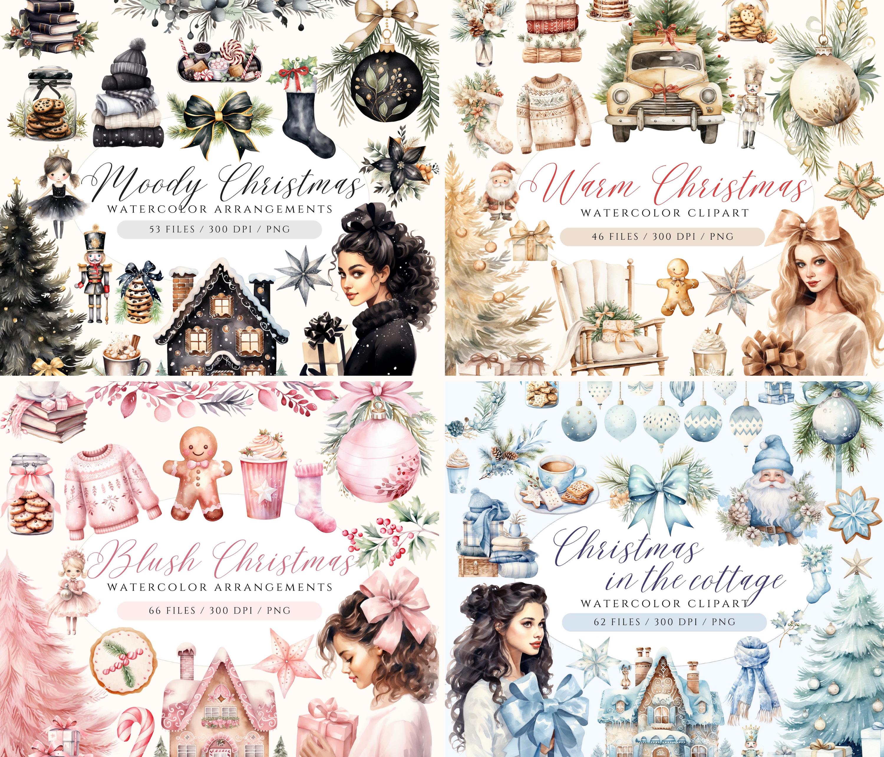 1300+ Watercolor Christmas Clipart Bundle: Boho, Woodland, Pink Xmas ...