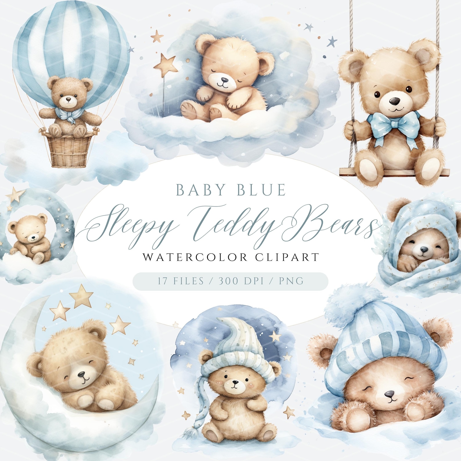 Blue Teddy Bear Watercolor Clipart: Sleepy Baby Bears (PNG, Digital ...