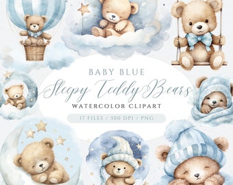 Blue Teddy Bear Clipart, Baby Shower Clip Art, Sleepy Teddy Bears, Cute ...