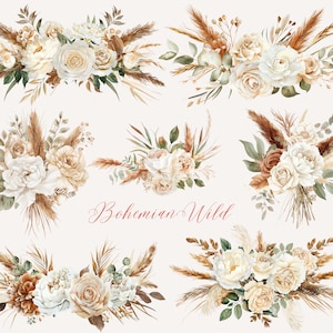 Beige Boho Floral Clipart, Floral Watercolor Clipart, Autumn Flowers ...