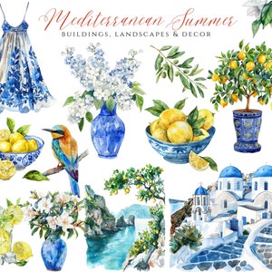 Mediterranean Watercolor Clipart Bundle: Lemon & Tile Designs (PNG ...