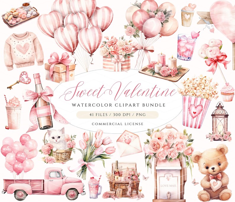 Watercolor Valentine's Day Clipart Bundle: Boho Hearts & Animals (PNG ...