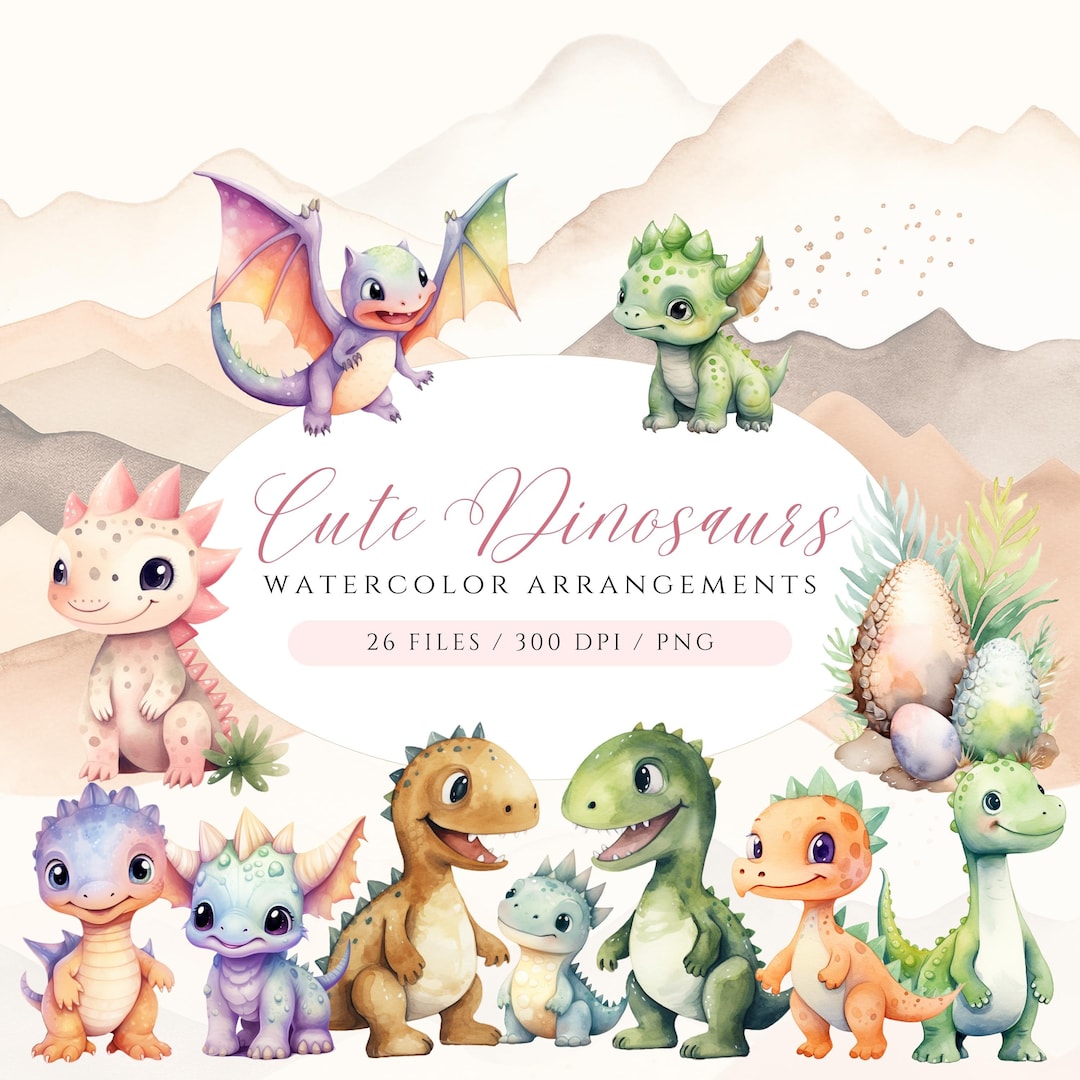 Watercolor Dino Clipart, Dinosaur Clipart, Nursery Clipart, PNG, Baby ...