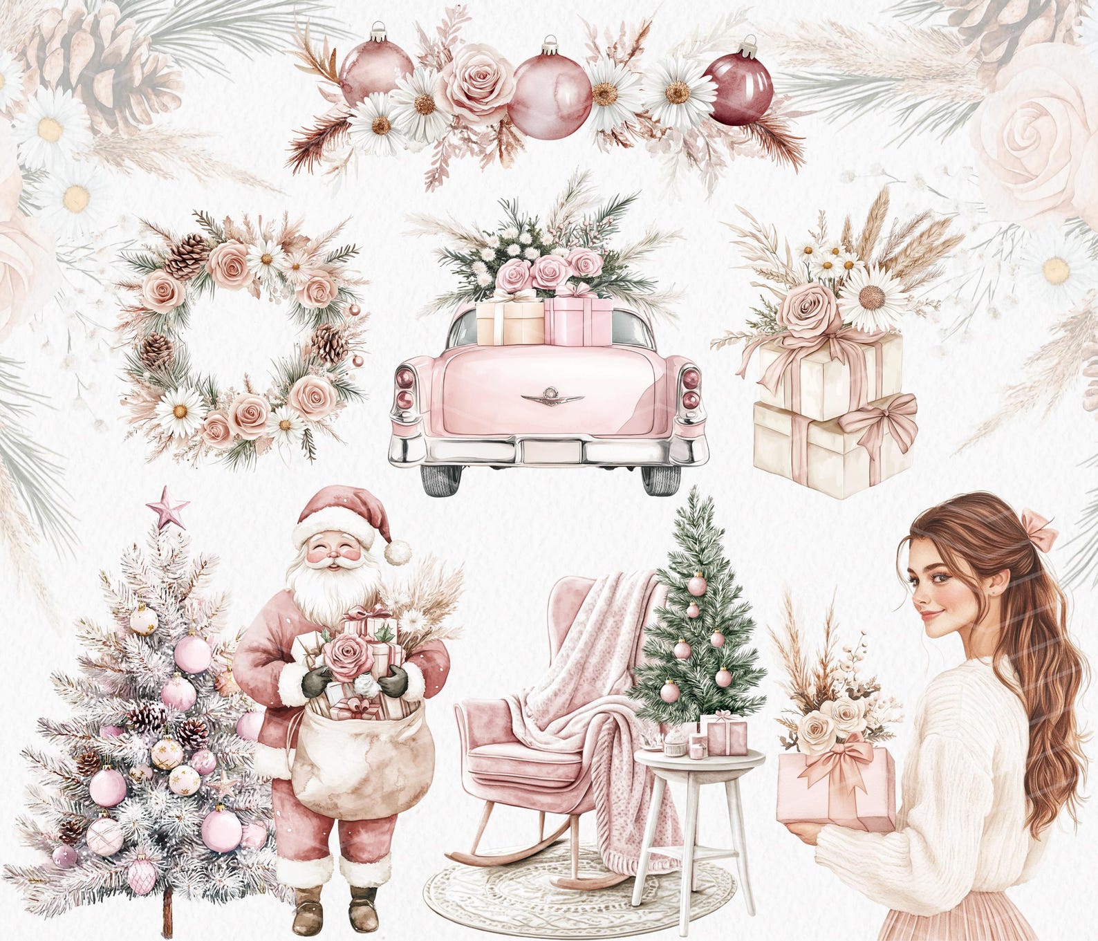 Boho Pink Christmas Clipart Bundle: Feminine Floral PNG (digital ...