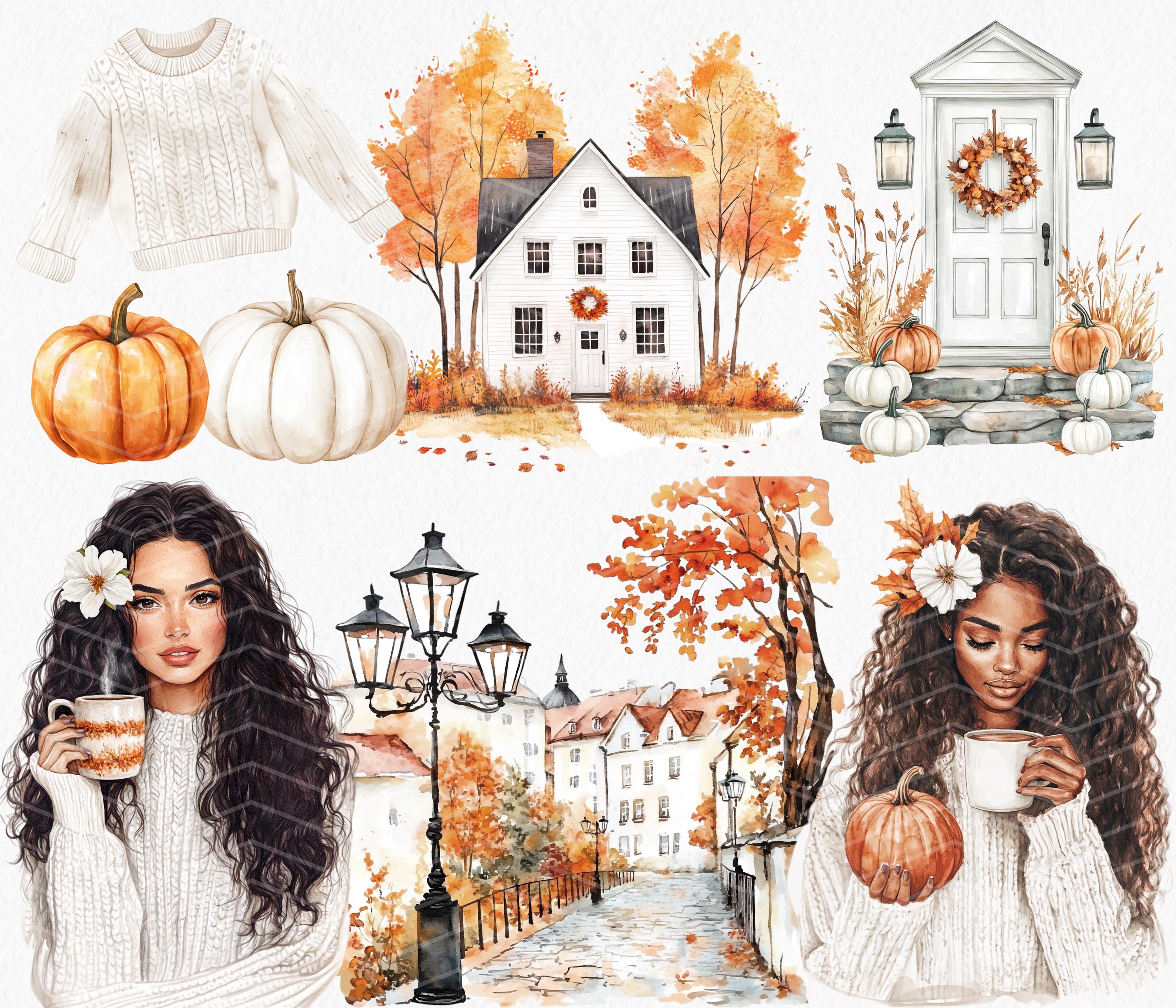 Boho Fall Clipart Bundle: Neutral Autumn PNG, Watercolor Flowers ...