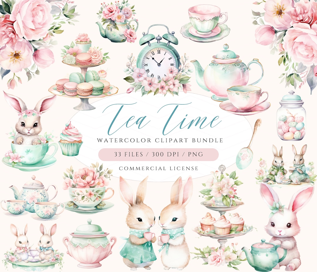 Bunny Tea Party Clipart: Watercolor Easter Rabbit, Teacup, Storybook ...