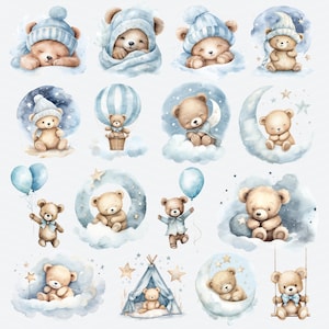Blue Teddy Bear Clipart, Sleepy Teddy Bears, Bear PNG, Cute Watercolor ...