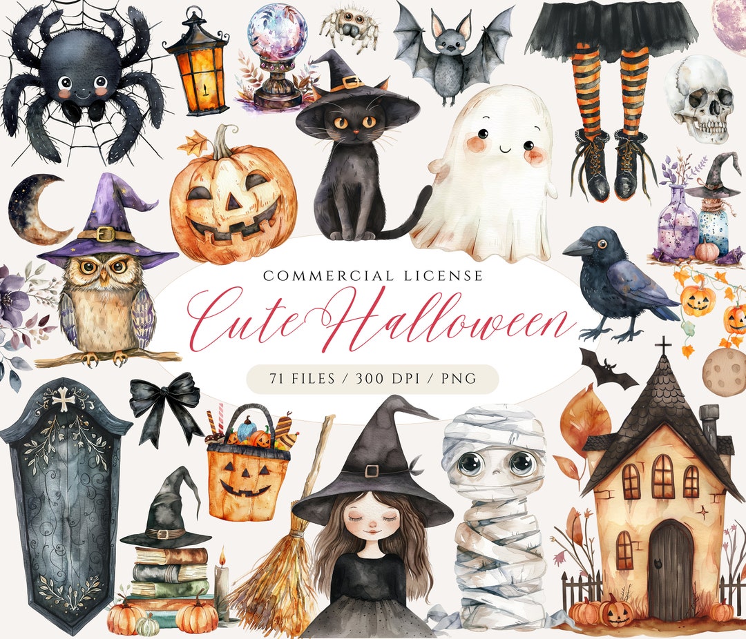 Cute Halloween Watercolor Clipart Bundle, Witch Clipart, Black Cat ...