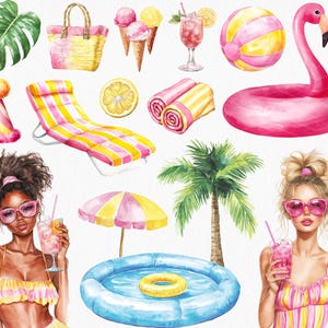 Watercolor Pool Party Clipart: Pink Summer Graphics (digital Download ...