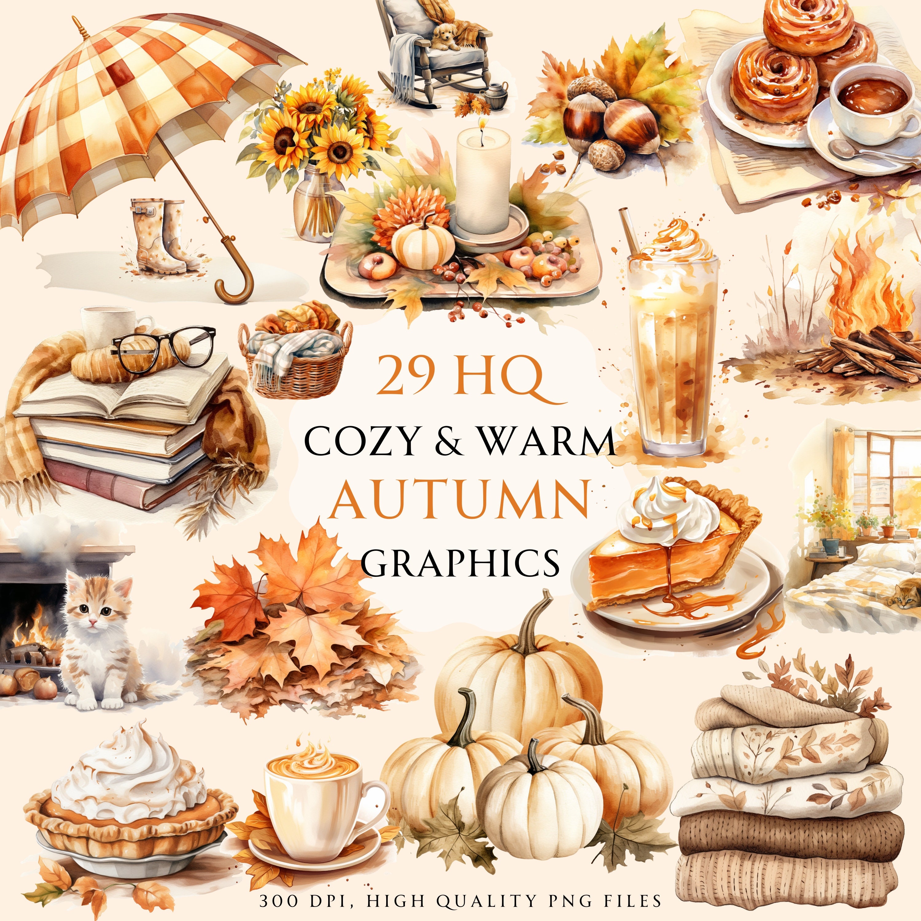 Watercolor Autumn Clipart Bundle: Cozy Fall Graphics (digital Download ...