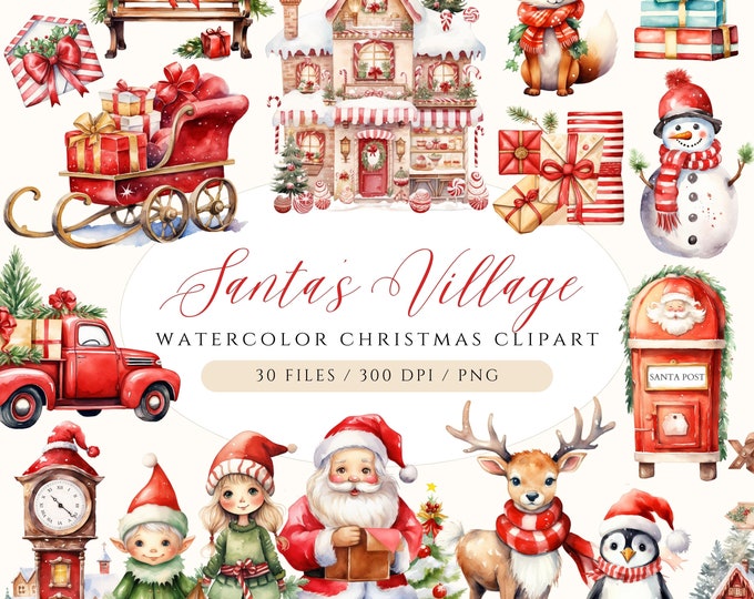 Watercolor Santa's Village Clipart Png Bundle, Reindeer Christmas ...