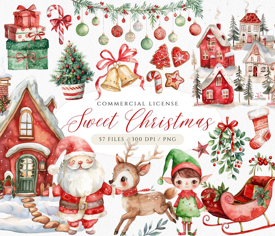 Watercolor Christmas Clipart Bundle: Santa's Village, Reindeer, Elf ...