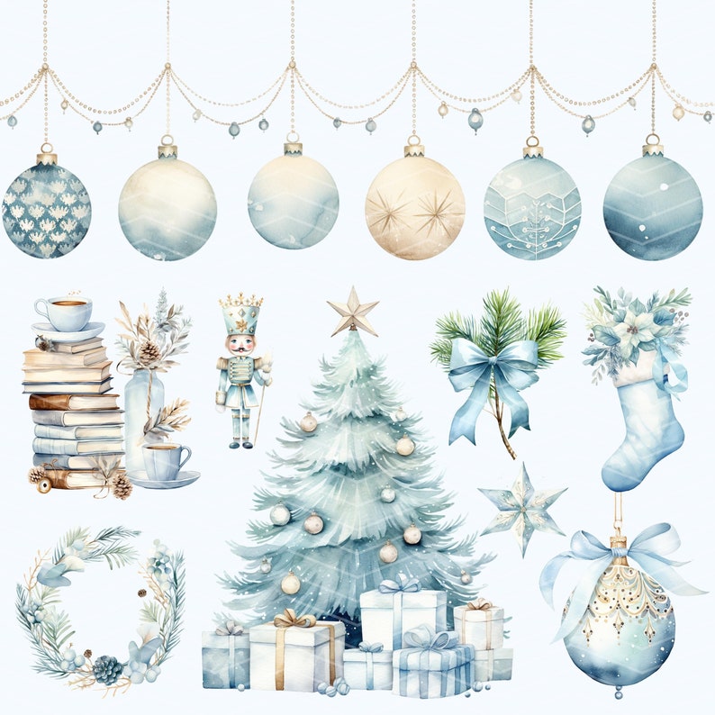 Watercolor Blue Christmas Clipart: Cottagecore PNG Bundle (commercial ...