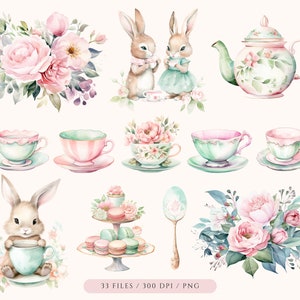 Bunny Tea Party Clipart: Watercolor Easter Rabbit, Teacup, Storybook ...