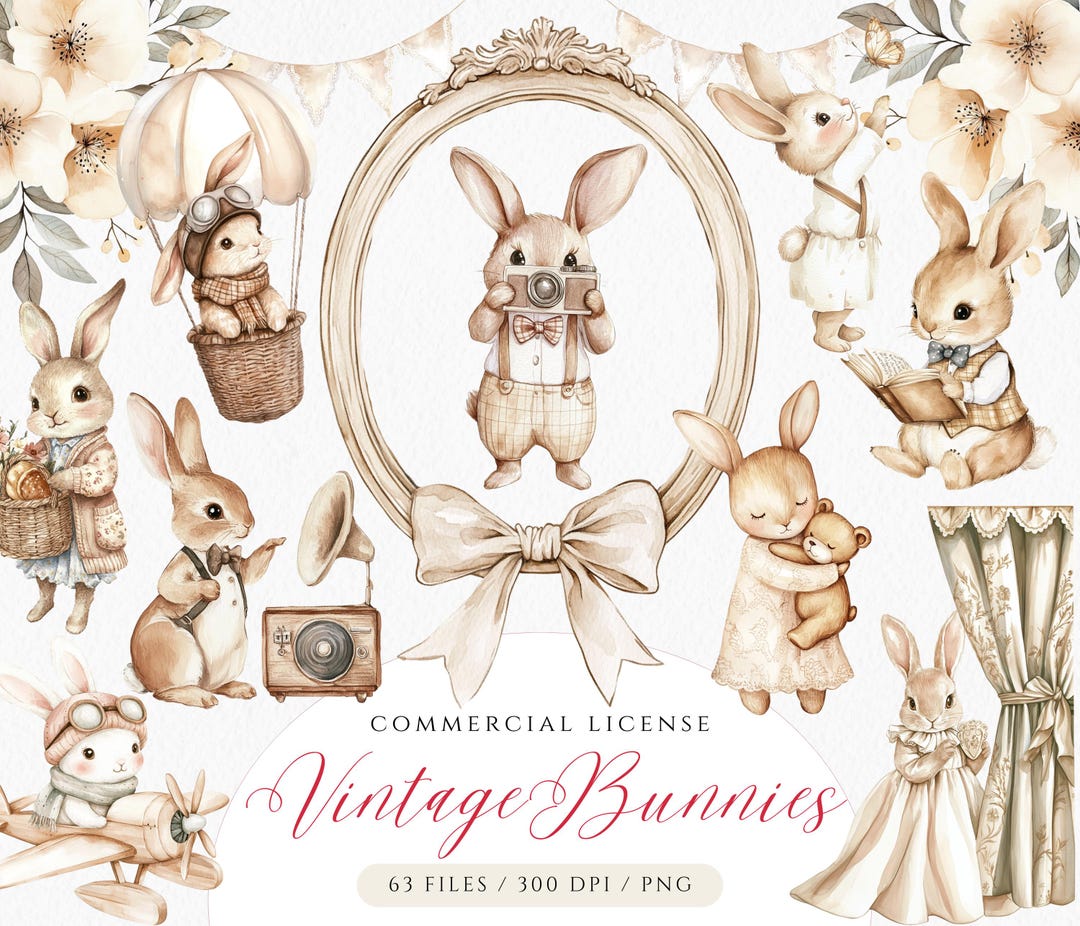 Vintage Bunny Clipart, Watercolor Bunny PNG, Spring Bunny Easter ...