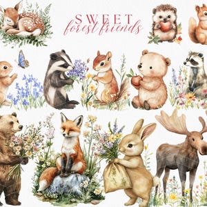 Watercolor Spring Woodland Clipart: Animals, Forest Wreath (PNG ...