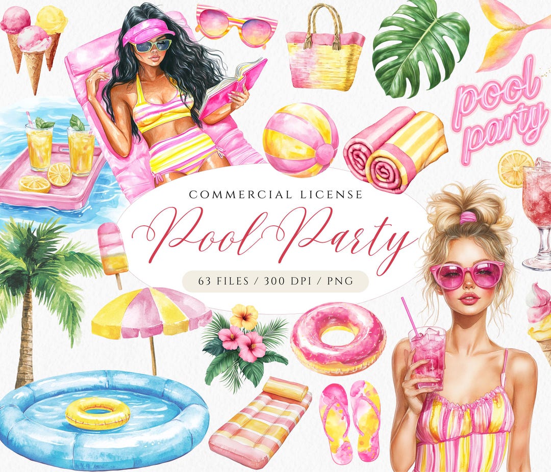 Pool Party Clipart, Watercolor Summer Clipart, Pink Summer Holiday ...