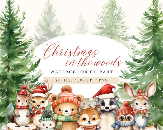 Watercolor Cute Christmas Animals Clipart, Forest Animal Christmas ...
