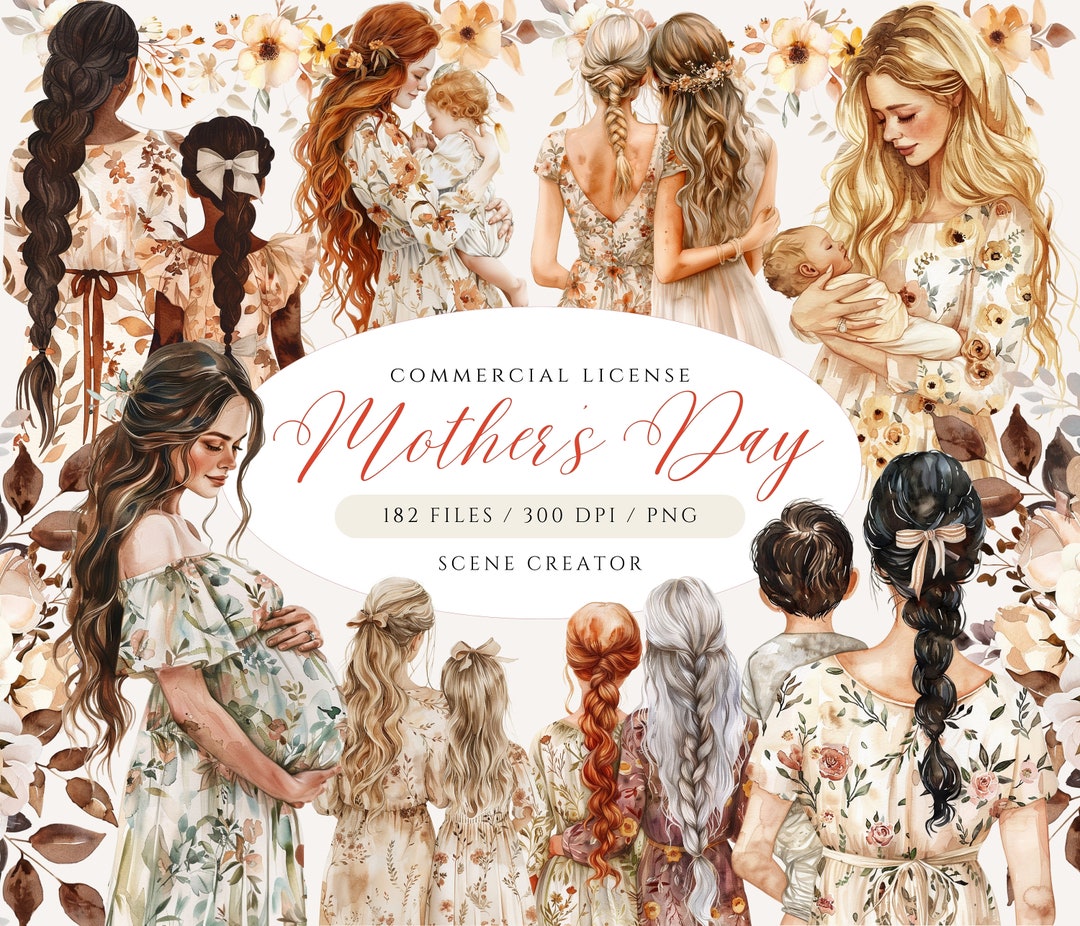 Mothers Day Clipart Bundle, Boho Mothers Day Scene Creator Clipart ...