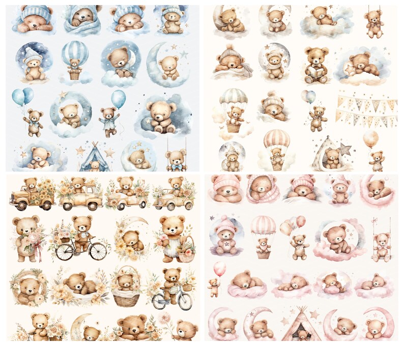 Watercolor Teddy Bear Clipart Bundle: Boho, Sleepy Bears (292 PNG Files ...