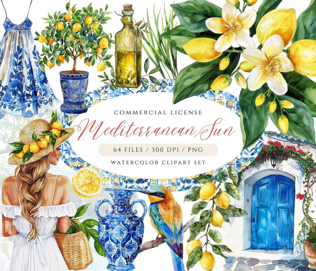 Mediterranean Watercolor Clipart Bundle: Lemon & Tile Designs (PNG ...