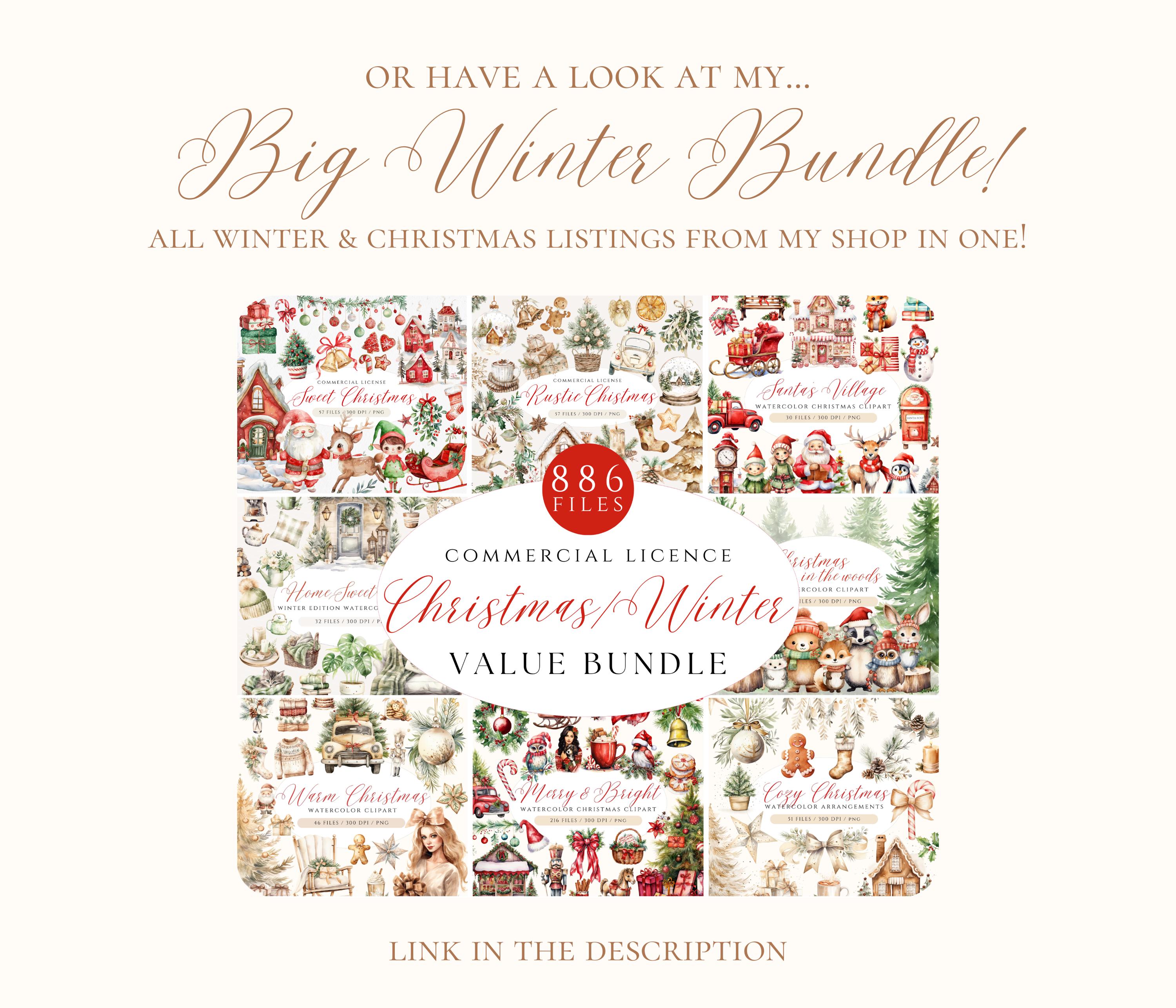 Watercolor Christmas Clipart Bundle: Classic Holiday PNG Set (digital ...