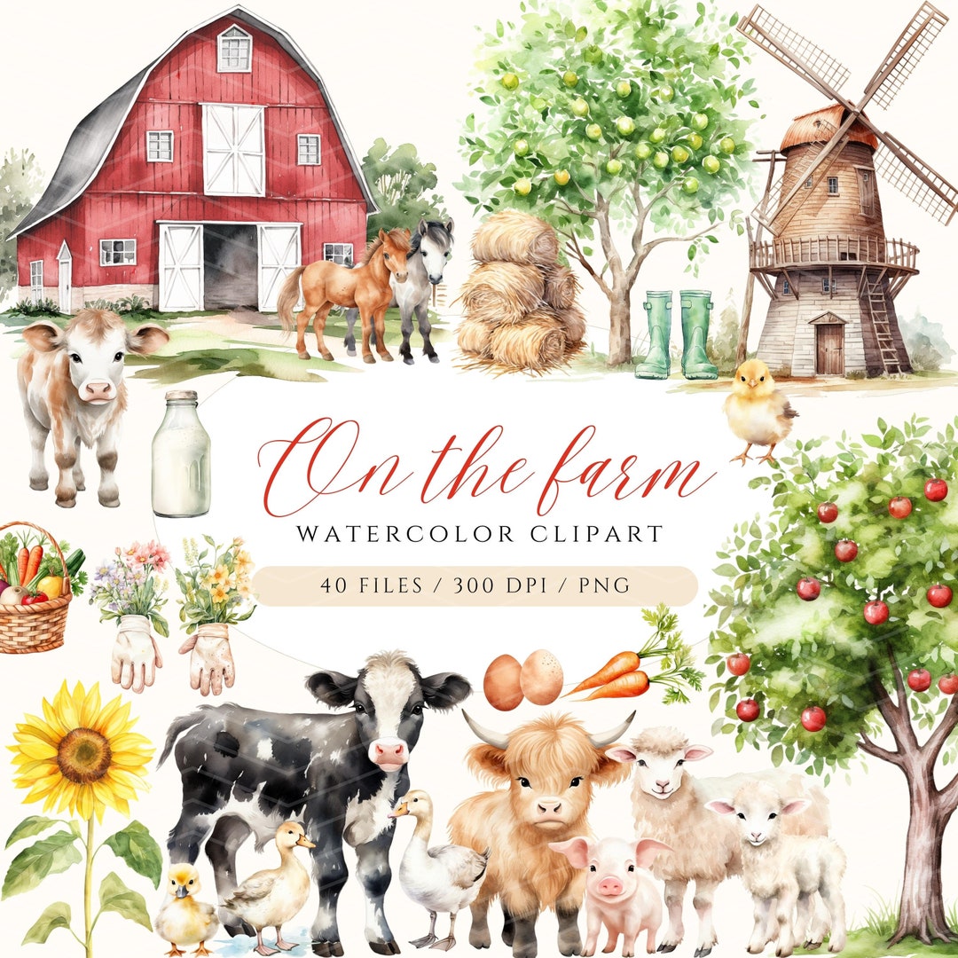Farm Clipart, Watercolor Farm Animal PNG, Baby Animals, Spring Clipart ...