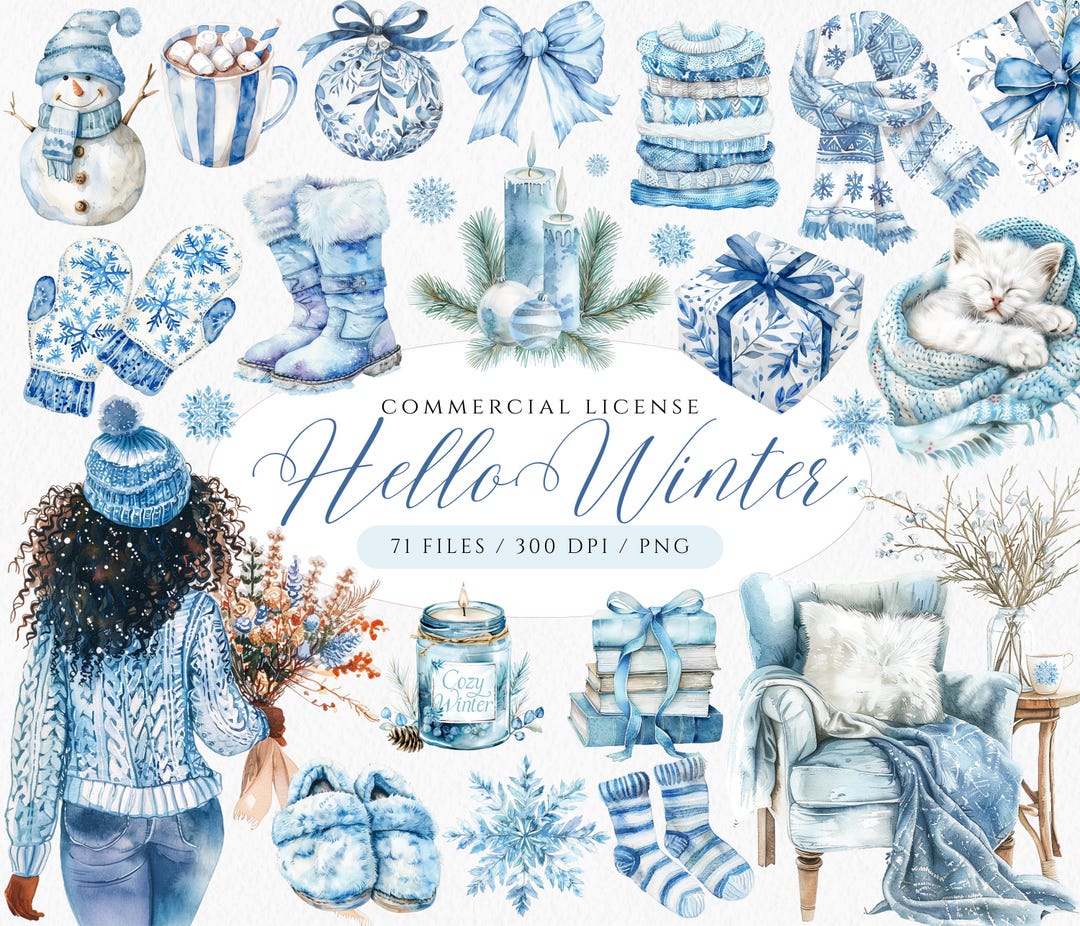 Blue Winter Watercolor Clipart Bundle: Cozy Christmas PNG (digital ...