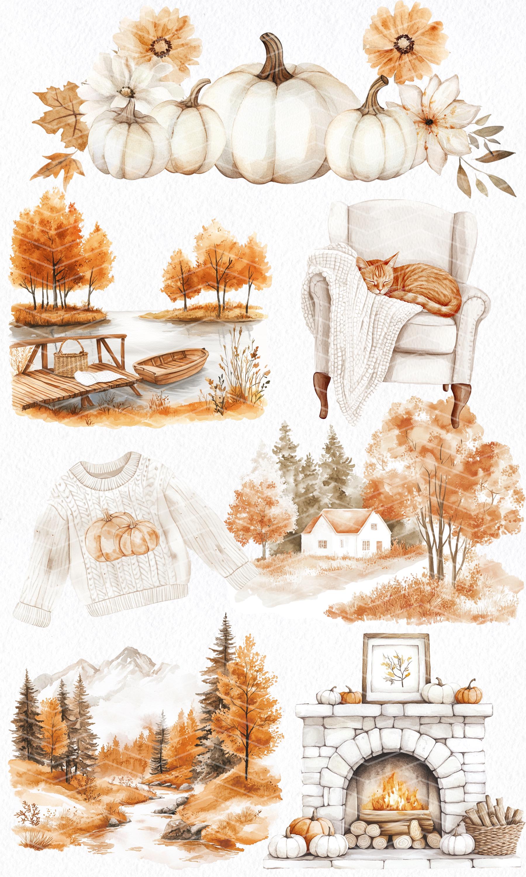 Boho Fall Clipart Bundle: Neutral Autumn PNG, Watercolor Flowers ...