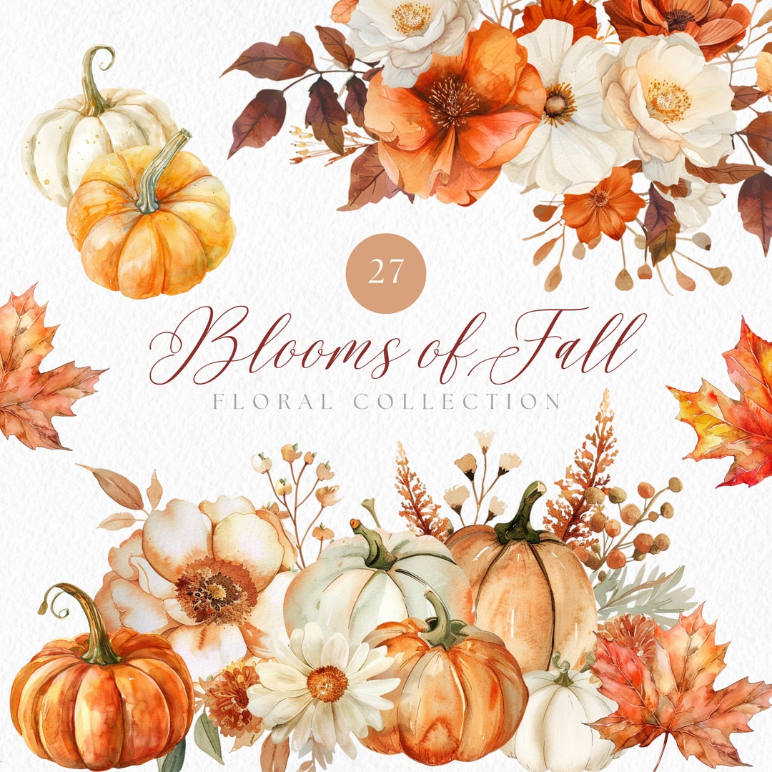 Watercolor Pumpkin & Flower Clipart: Autumn Bouquet PNG (digital ...