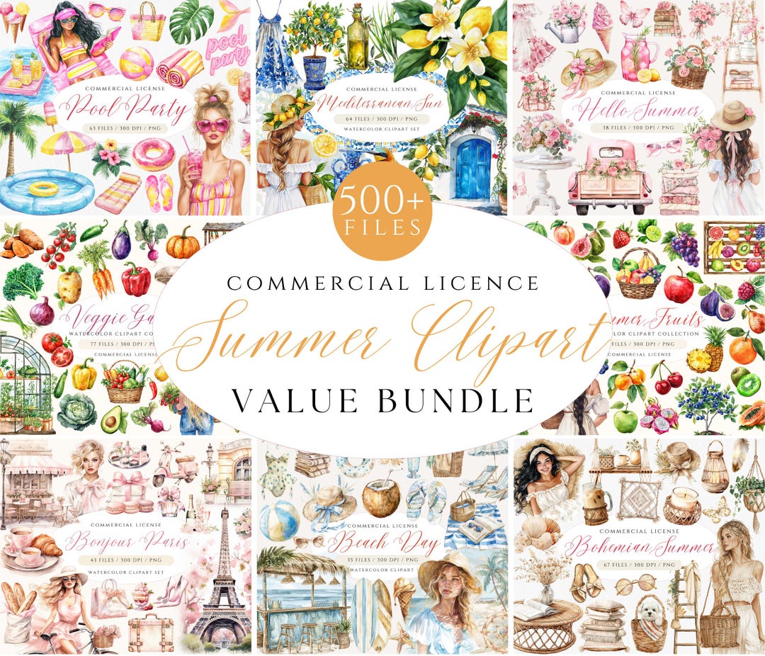 500+ Watercolor Summer Clipart Bundle, Beach Clipart, Sea View PNG ...