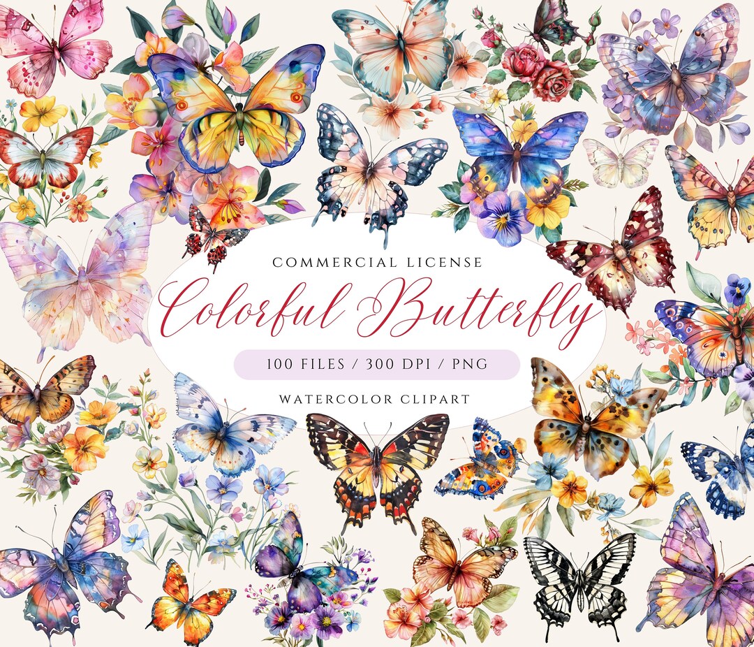Colorful Butterfly Clipart, Butterflies and Flowers, Floral Butterfly ...