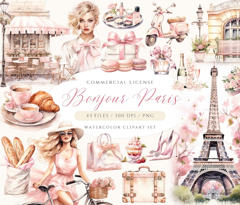 Watercolor Paris Clipart: Eiffel Tower, Fashion Illustrations (PNG ...