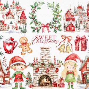 Watercolor Christmas Clipart Bundle: Santa's Village, Reindeer, Elf ...