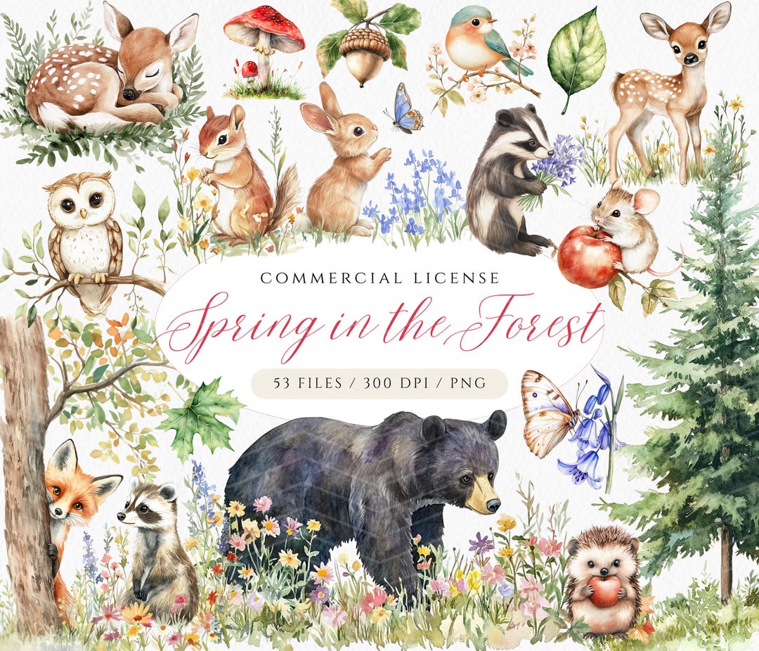 Watercolor Spring Woodland Clipart: Animals, Forest Wreath (PNG ...