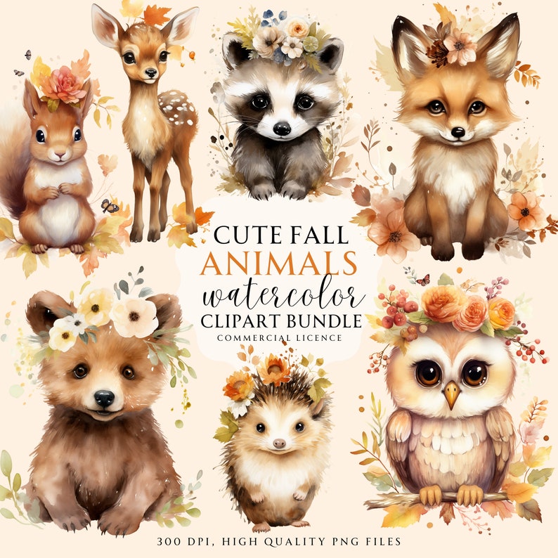 Cute Fall Baby Animals Watercolor Clipart Autumn Baby - Etsy