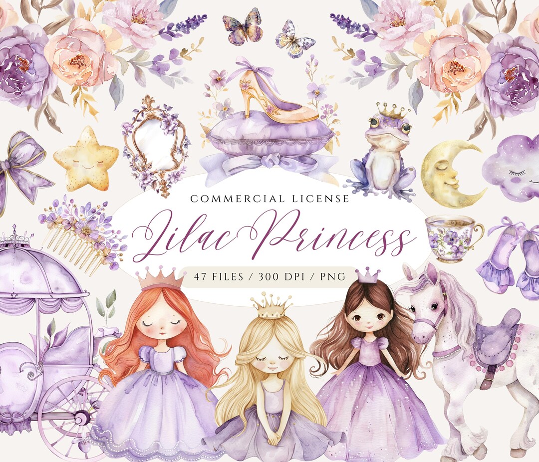 Watercolor Lilac Princess Clipart: Castle, Unicorn, Starry Sky (PNG ...