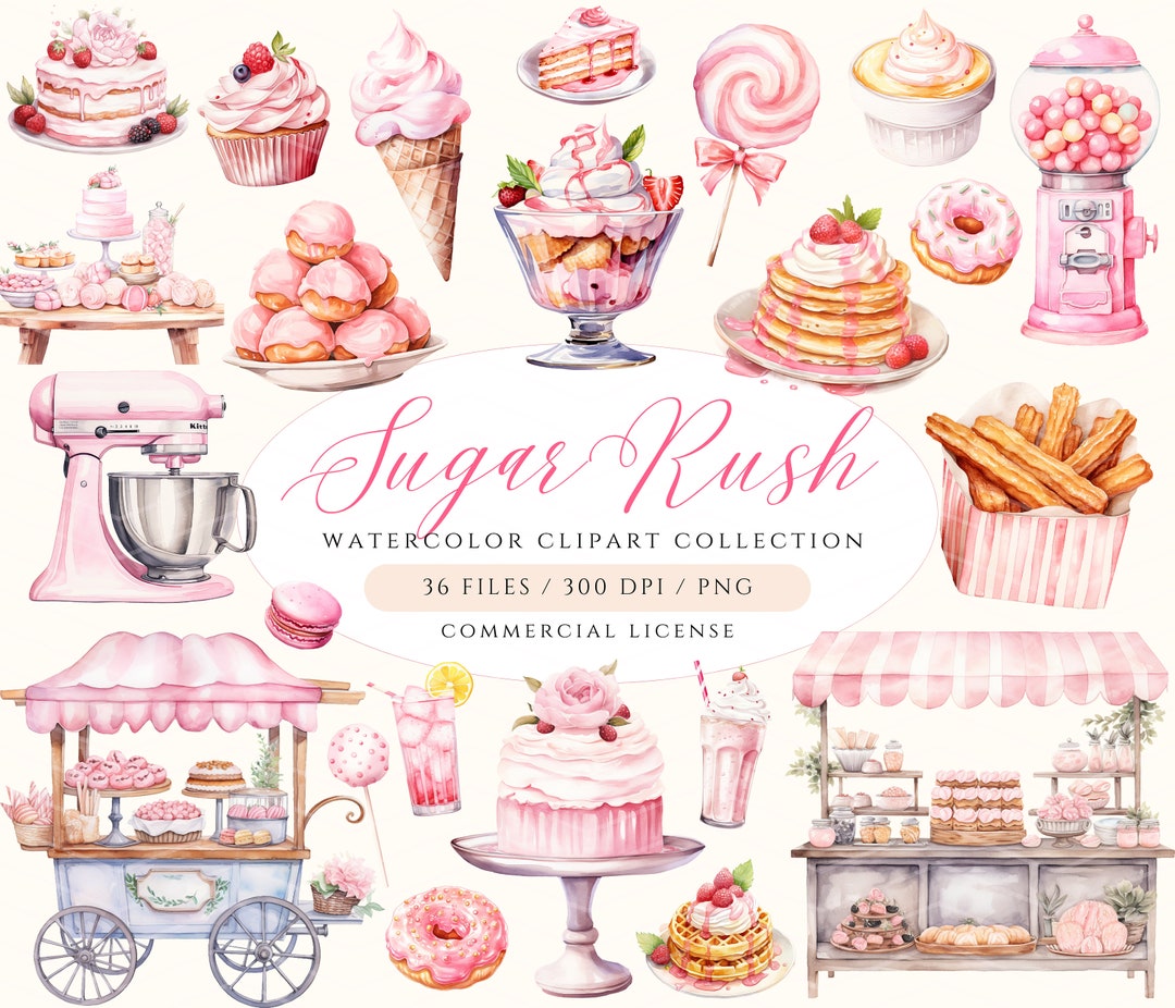 Watercolor Sweets Clipart: Bakery, Cupcake, Candy PNG (digital Download ...
