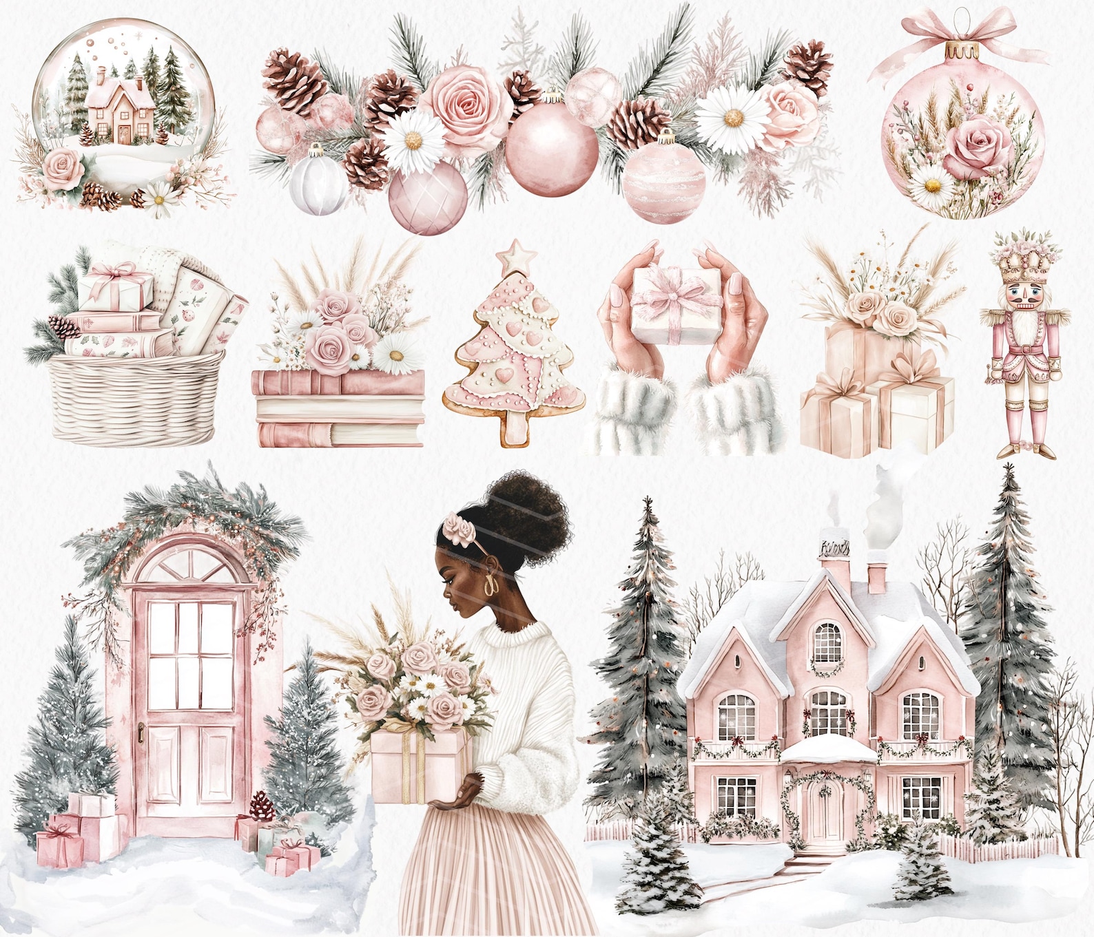 Boho Pink Christmas Clipart Bundle: Feminine Floral PNG (digital ...