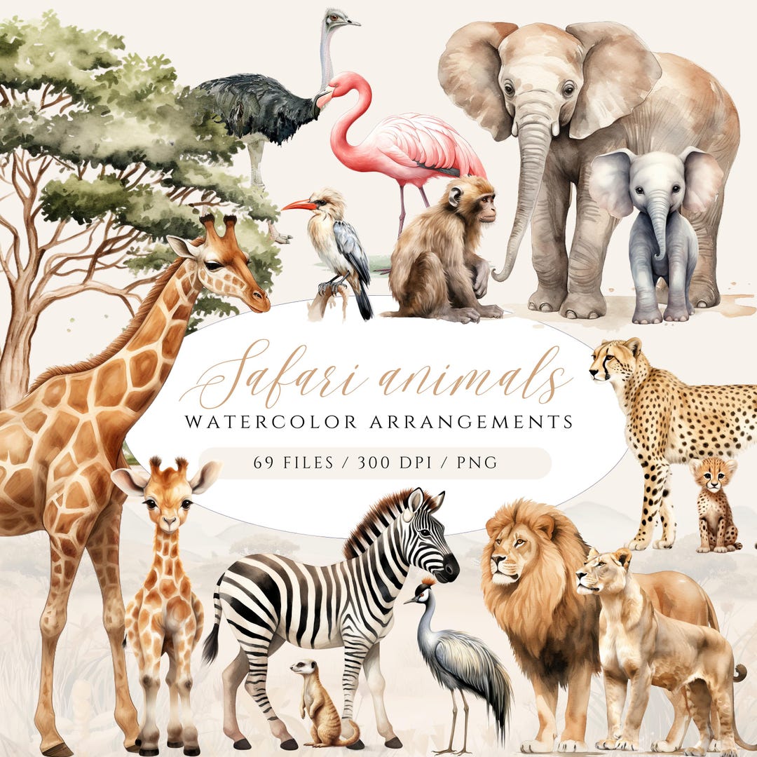 Watercolor Safari Animals Clipart: Baby & Adult PNG (digital Download ...