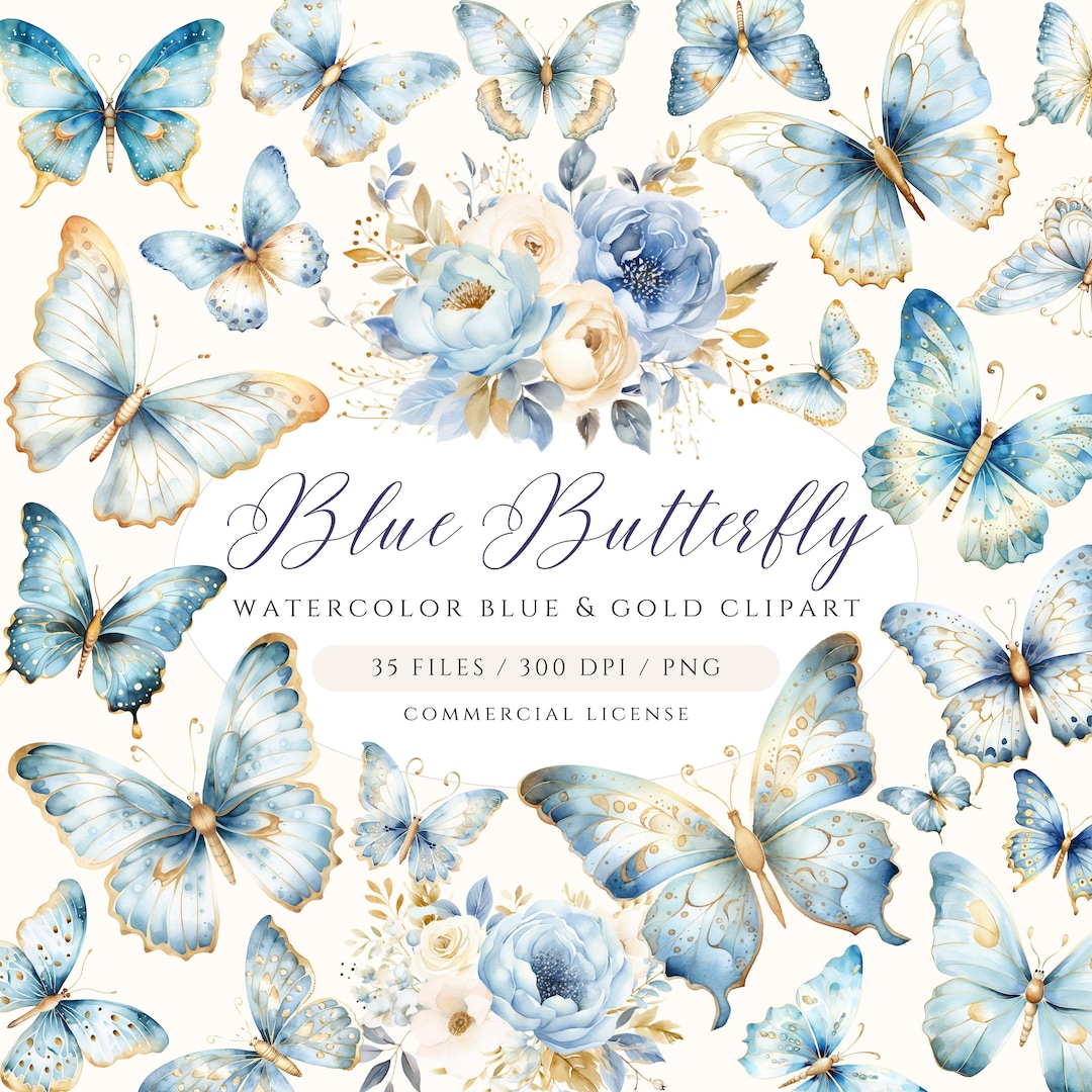 Blue and Gold Butterfly Clipart, Blue Butterfly PNG, Dusty Blue Floral ...