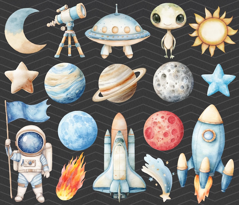 Watercolor Space Clipart Bundle: Astronauts, Planets, Rockets (PNG ...