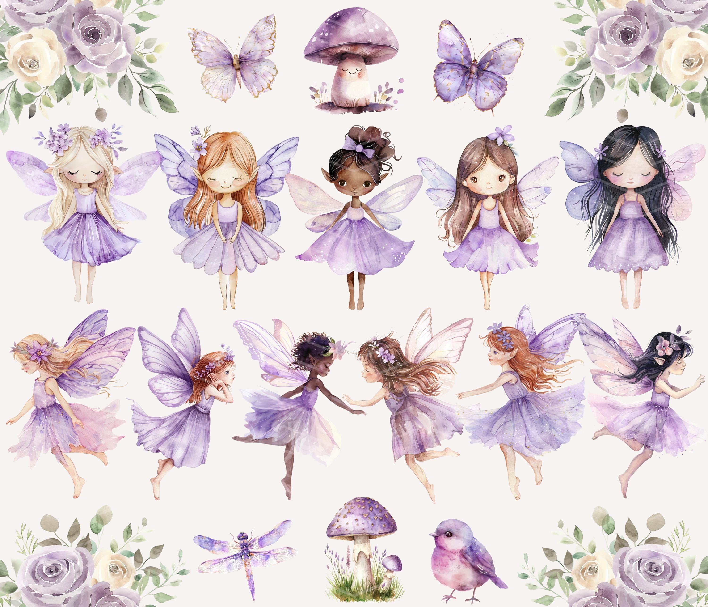 Purple Fairy Clipart Bundle: Watercolor Forest Graphics (PNG, Digital ...